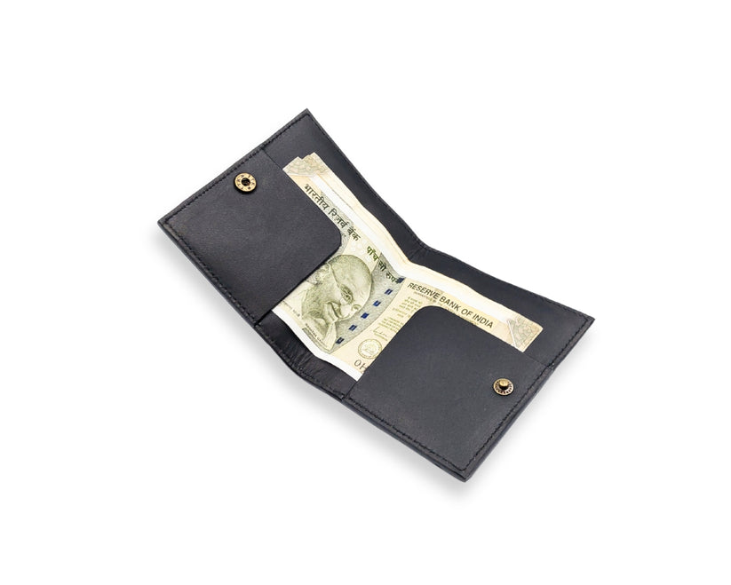 Slim Button Leather Bifold Wallet -Black– Compact Card Holder with Cas ...