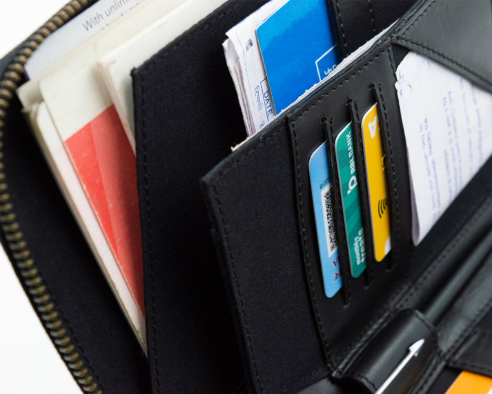 Bank Organiser - (Black Canvas + Black Leather) – The Leather Chef